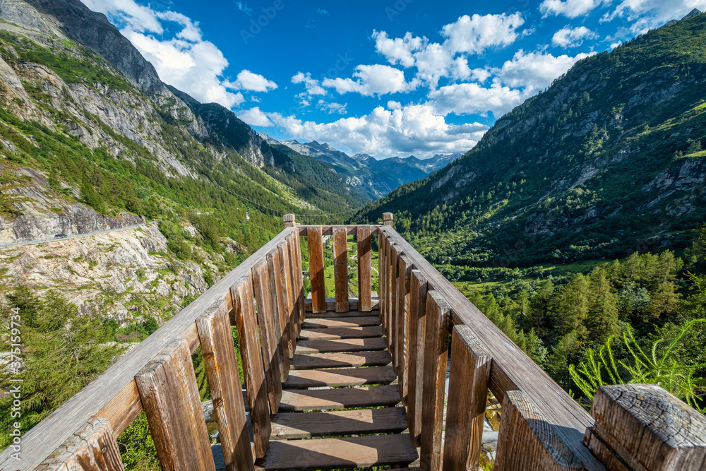 Panorama of the Formazza Valley, where the Toce river forms a waterfall ...