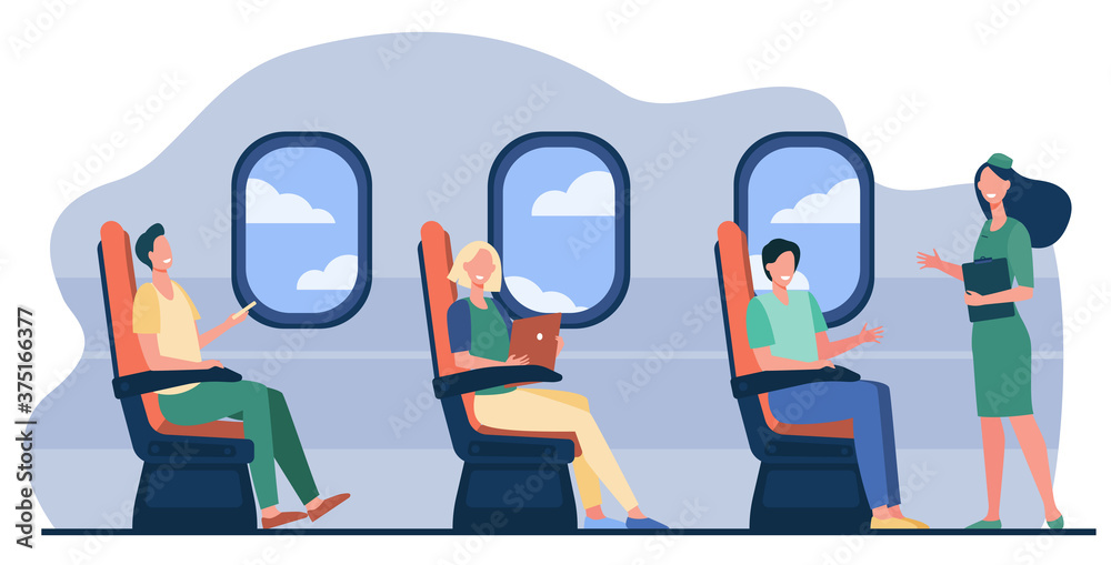 Happy passengers sitting and airplane near windows flat vector ...