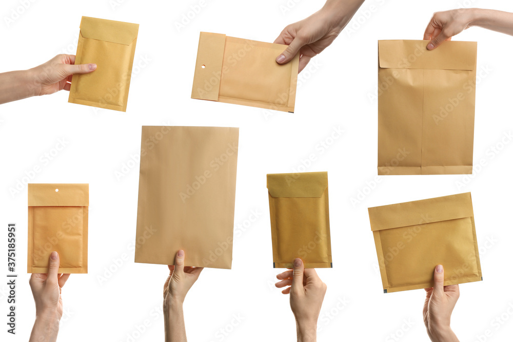 Collage with photos of people holding paper envelopes on white ...