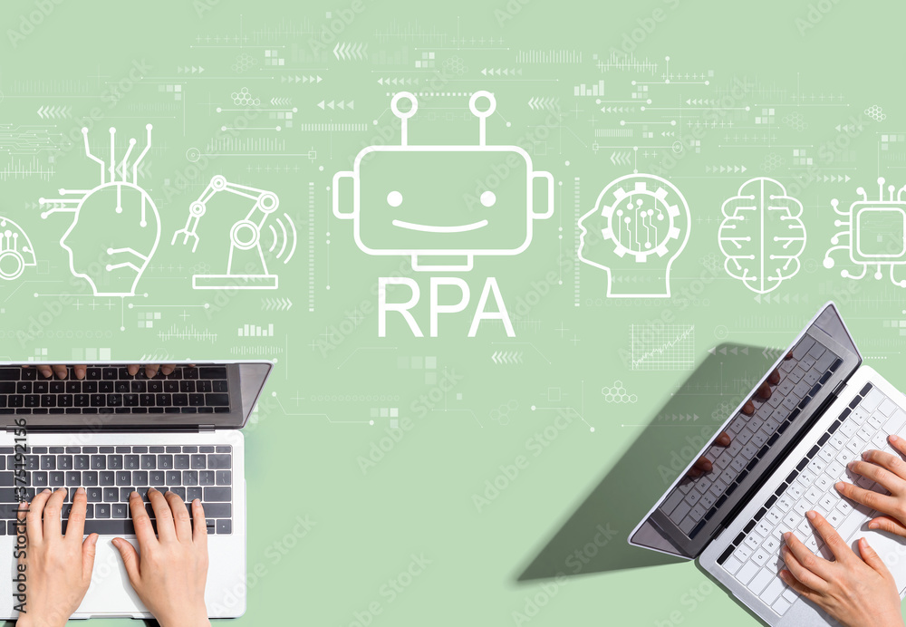 Robotic Process Automation RPA theme with people working together with ...