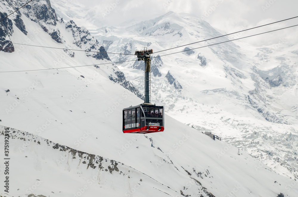 The cable car in the French Alps mountains. Mont Blanc massif, Aiguille ...