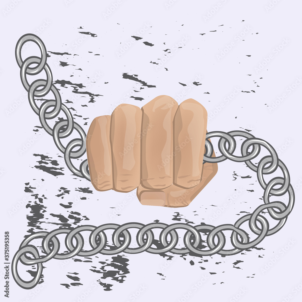 Fist clenches metal chain - splinters - isolated on white background ...