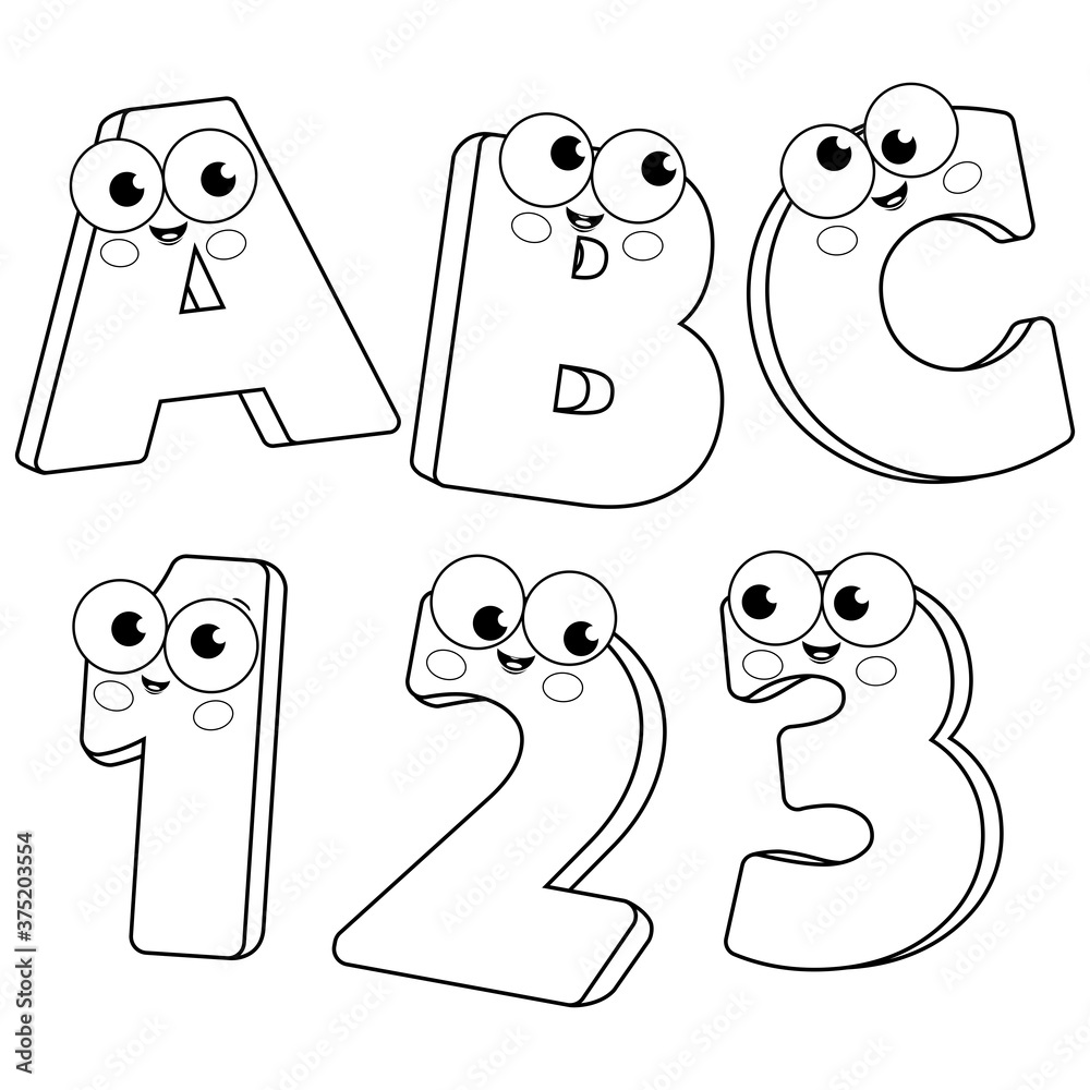 Cartoon letters and numbers. Vector black and white coloring page Stock ...