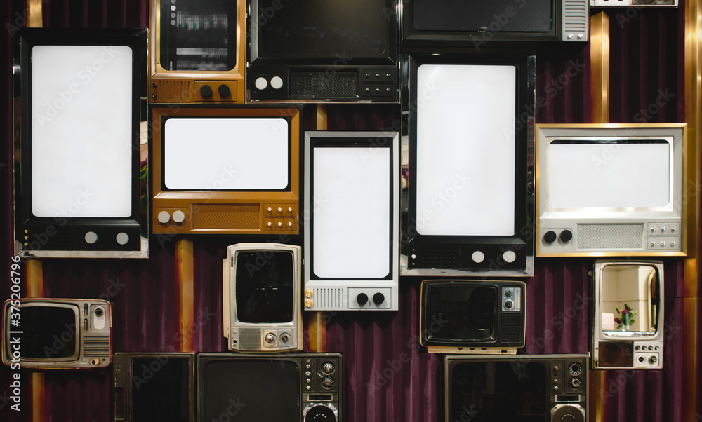 Wall mounted old-fashioned vintage tv screens with blank white spaces ...