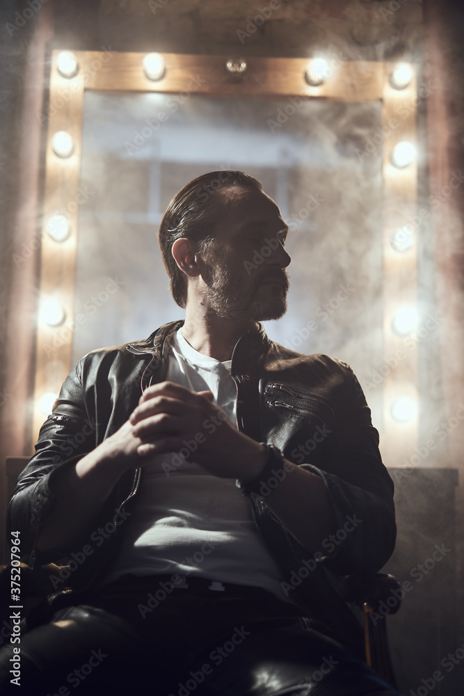 cinematic photo shoot of the confident actor celebrity look in foggy ...