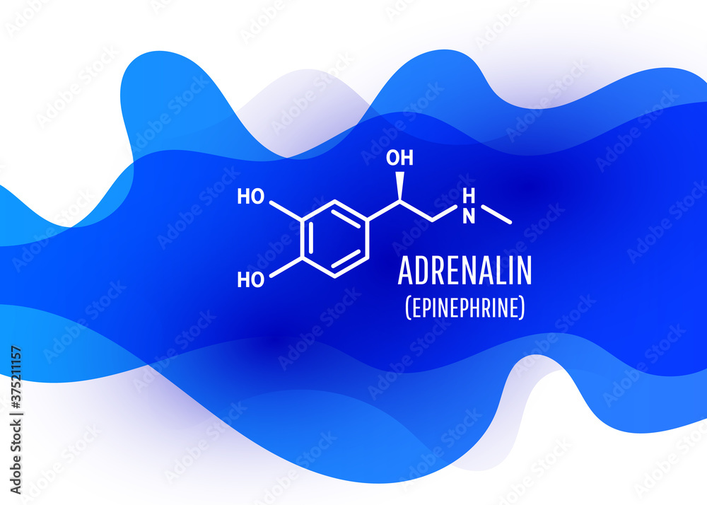 Adrenalin chemical formula with liquid fluid shapes on white background ...