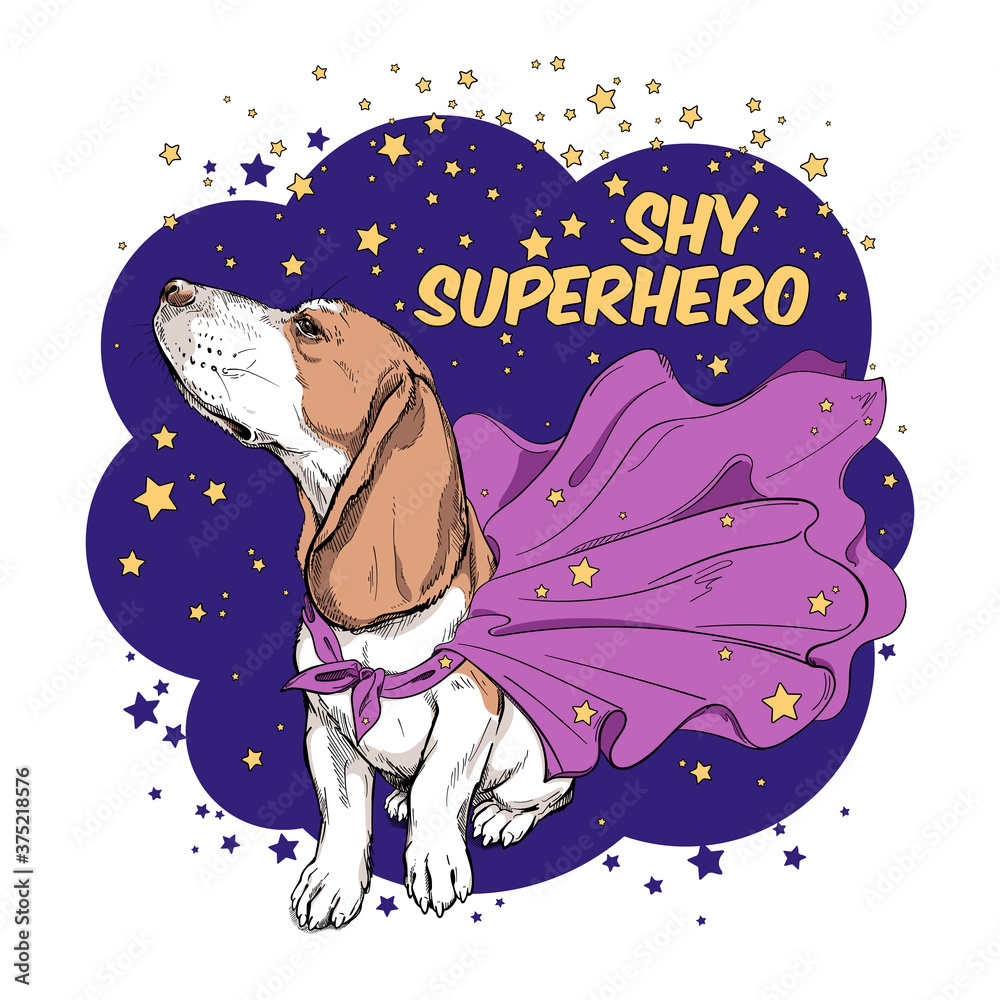 Cartoon cute beagle dog in a superhero cape. Cute and shy superhero ...