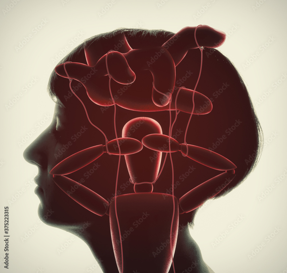 Marionette in woman head. Concept of mind control. Image Stock Photo ...