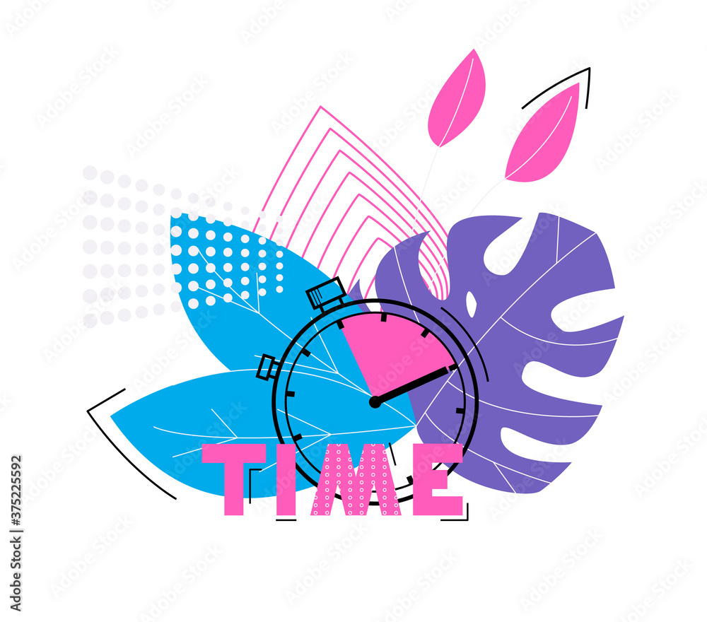 Linear chronometer on a background of leaves and abstract shapes in a ...