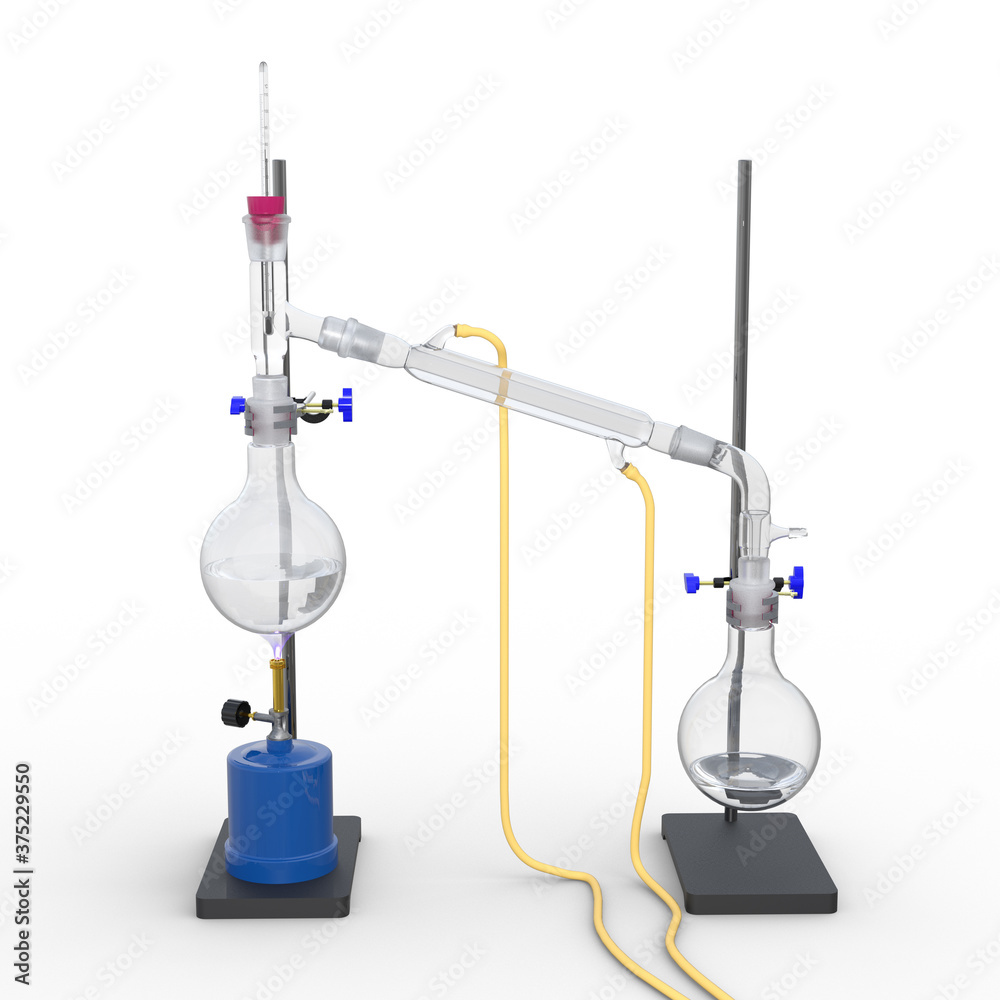 3D rendering of a distillation process, isolated on white background ...