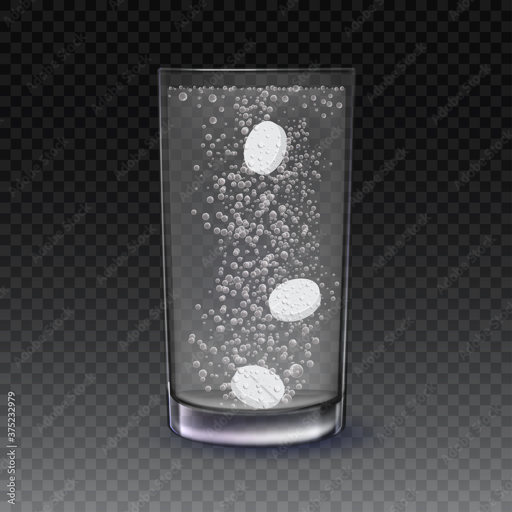 Realistic effervescent three tablets in glass of water. Realistic ...