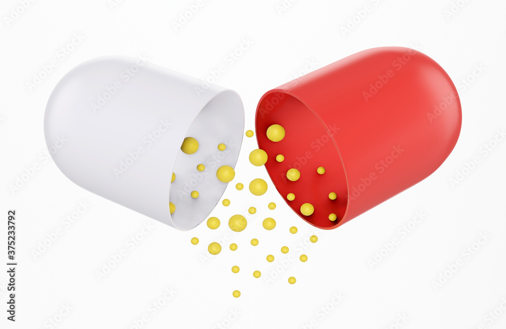 Opened capsule pill white and red color isolated on white background ...