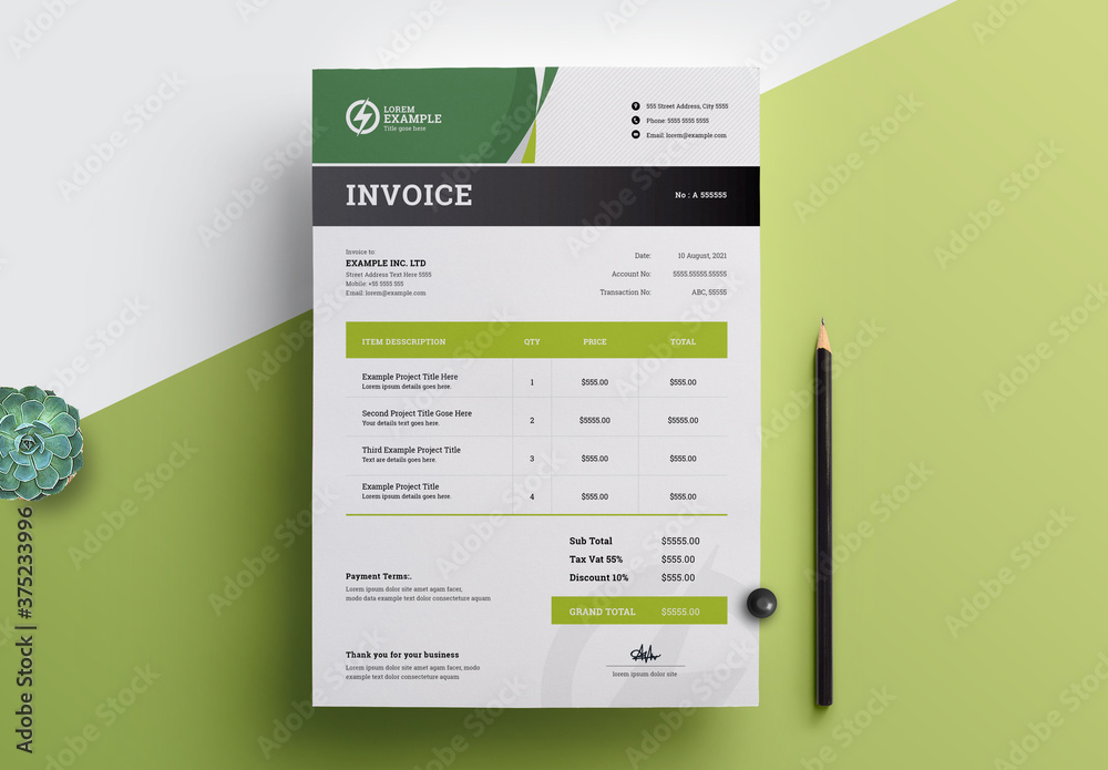 Creative Business Invoice with Green and Black Accents Stock Template ...