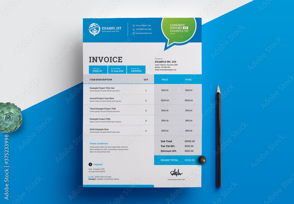 Social Media Business Invoice with Green and Blue Accents Stock ...