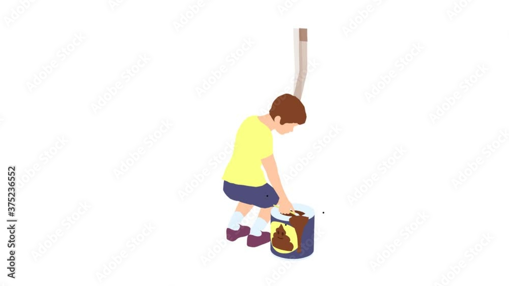 A boy painting the wall with shit, animation. The boy is staining the ...
