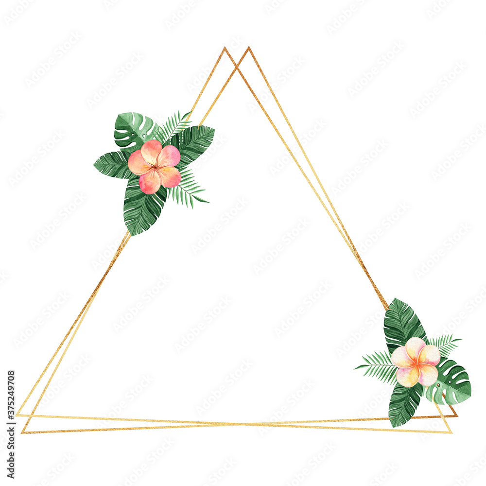 watercolor triangle gold frame with tropical flowers isolated on white ...