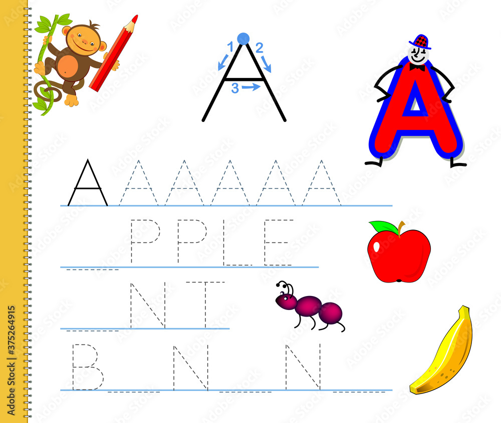 Learn to trace letter A. Study English words. Worksheet for children ...