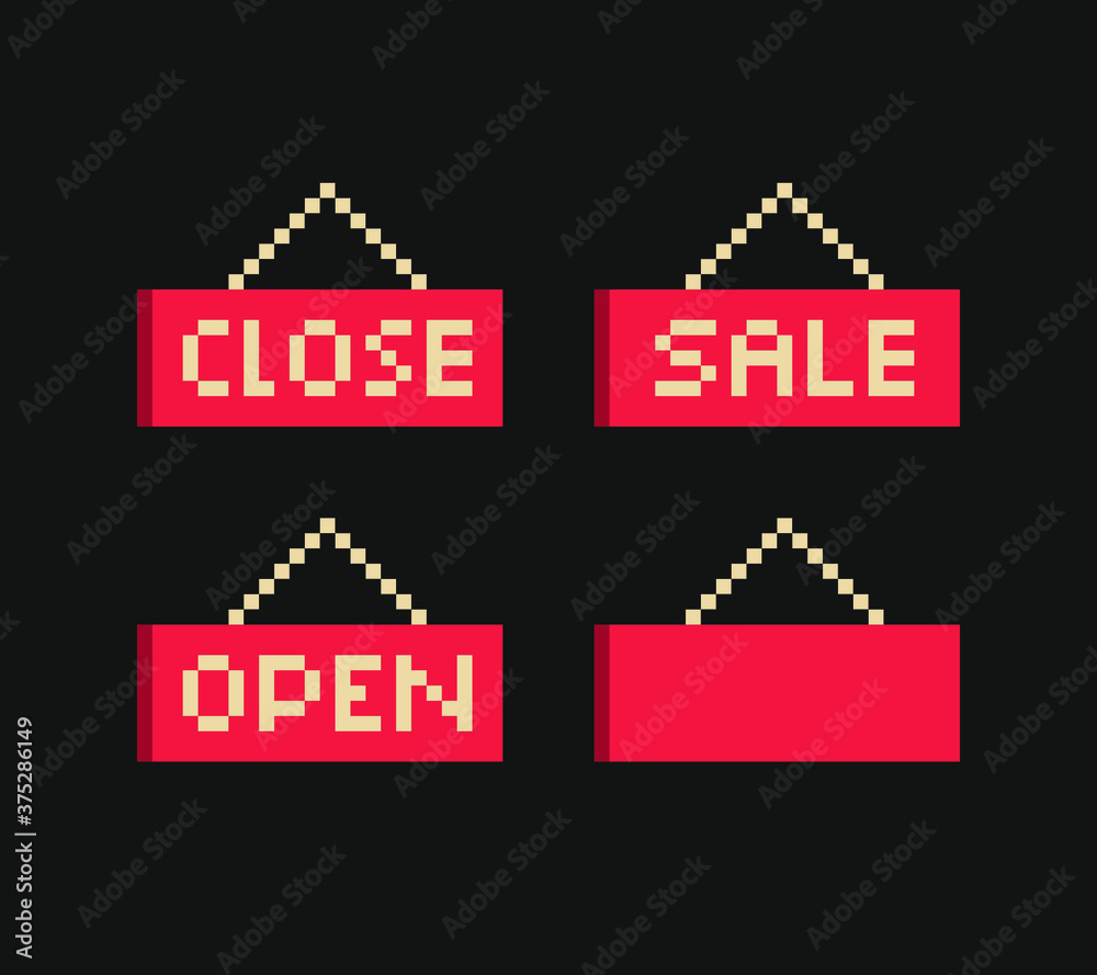 Open closed door sign retail store, sale tags, pixel art icon, isolated ...
