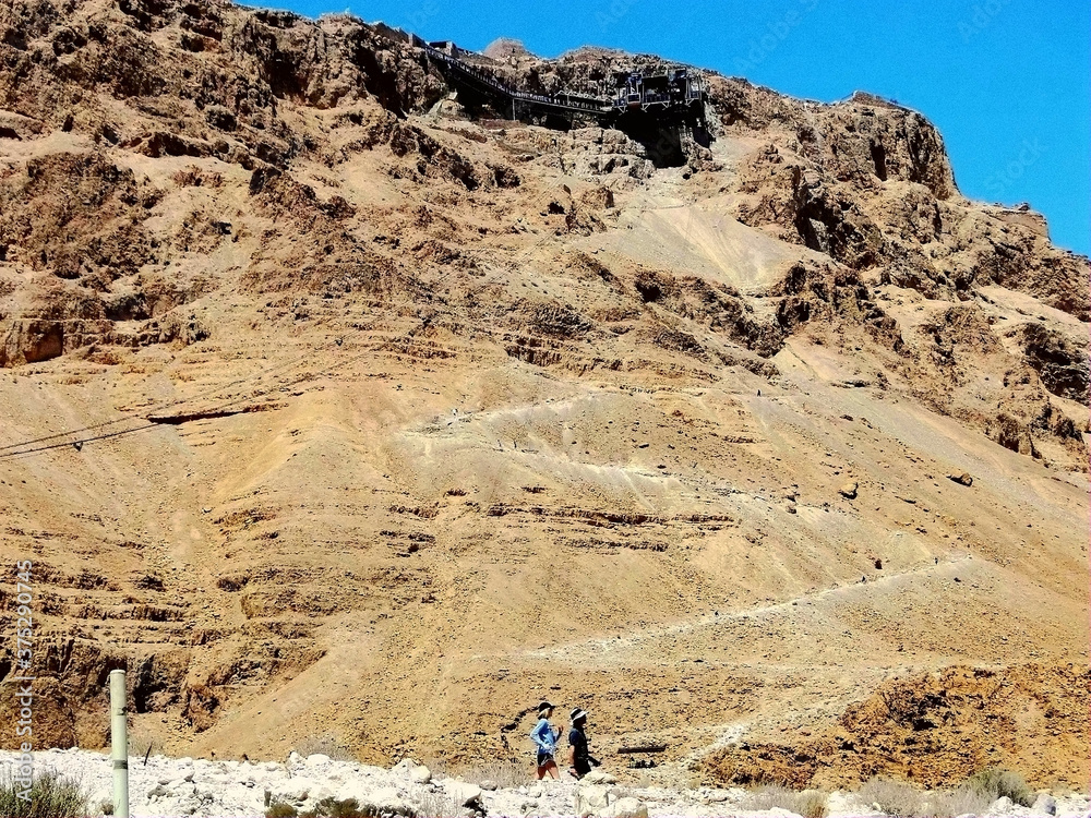 Panoramic view of Masada from Snake Path point at mountain foot. Masada ...