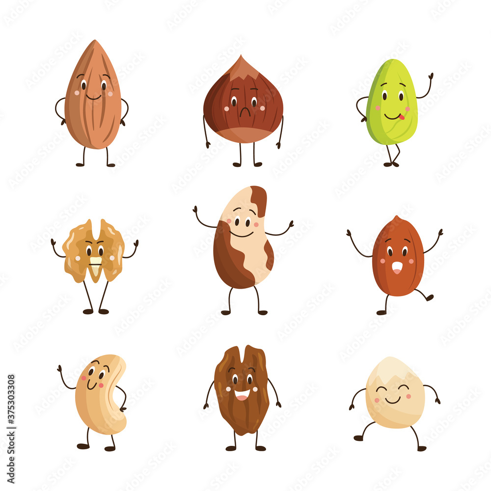 Set of funny cartoon various nuts characters vector illustration ...