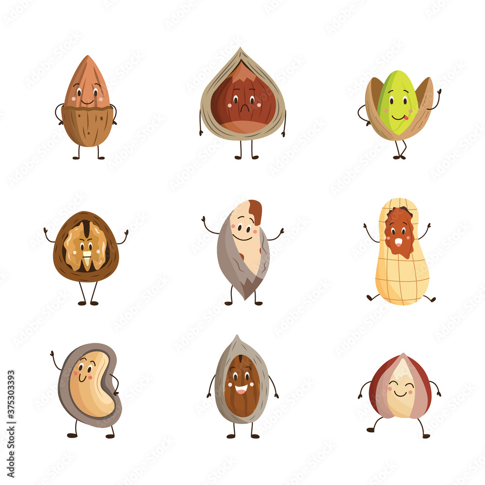 Cartoon nuts set - happy and funny food characters Stock Vector | Adobe ...