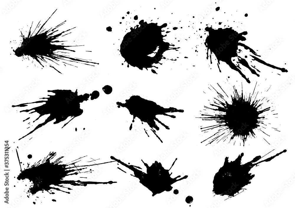 Vector black and white ink splash, blot and brush stroke, spot, spray ...