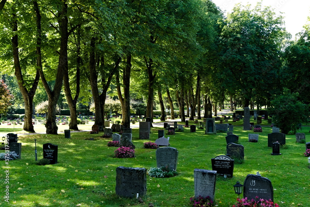 Oslo, Norway - Aug 29th: Nordre cemetery with headstones and tall old ...