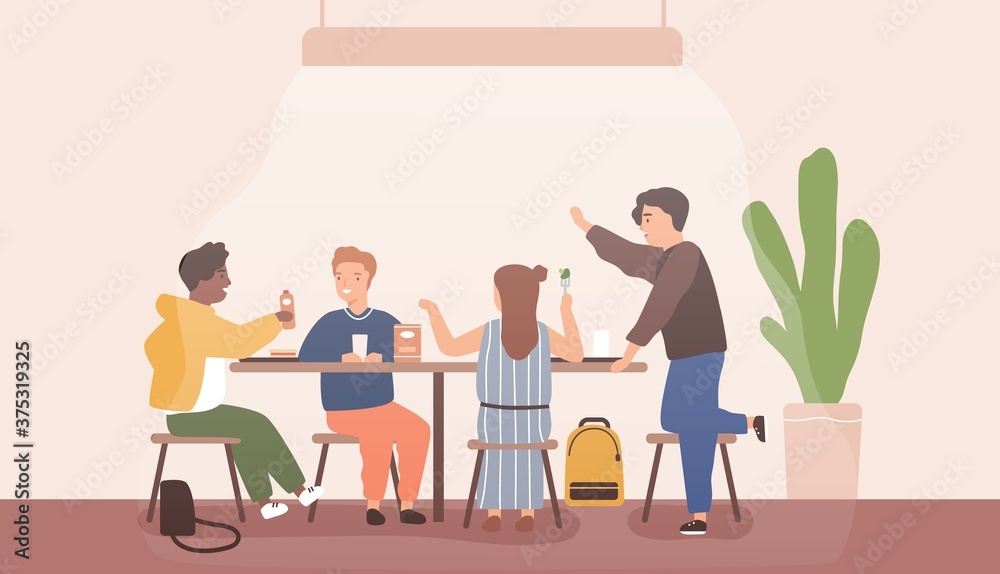 Adolescent children spend time together during school break talking and ...