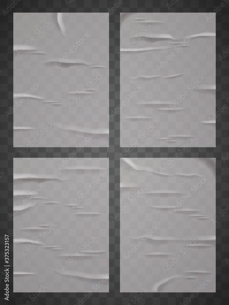 Glued to wall paper mockup set. Gray textured posters on wall. Badly ...