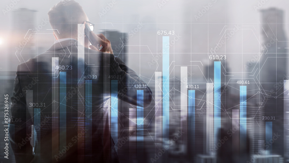 Market chart with people silhouettes. Trading investment business ...