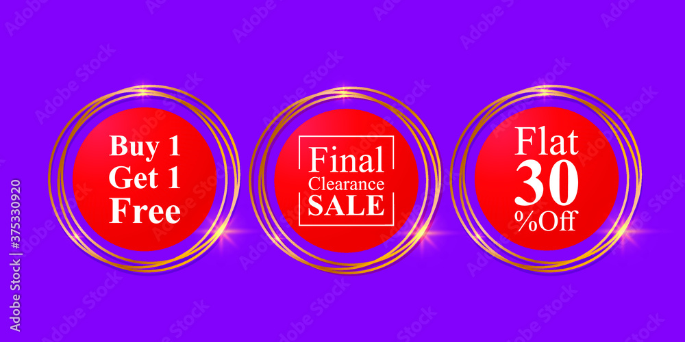 Vector illustration set of offer labels with round shiny golden frame ...