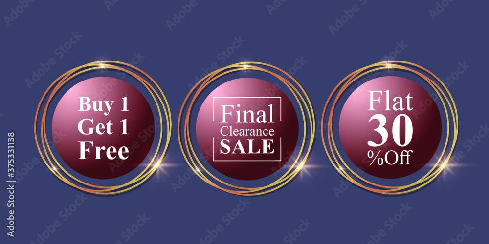 Vector illustration set of offer labels with round shiny golden frame ...