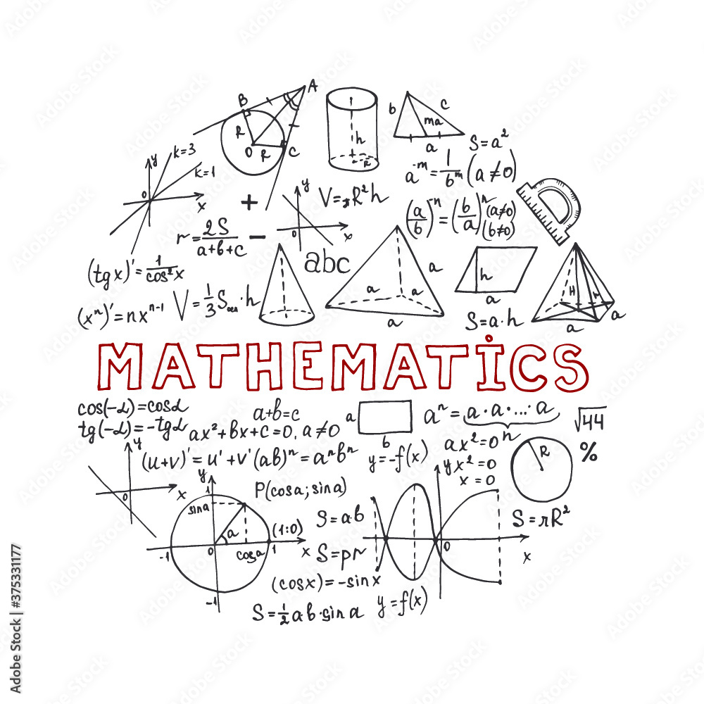 Round composition with hand drawn mathematics formules and other ...