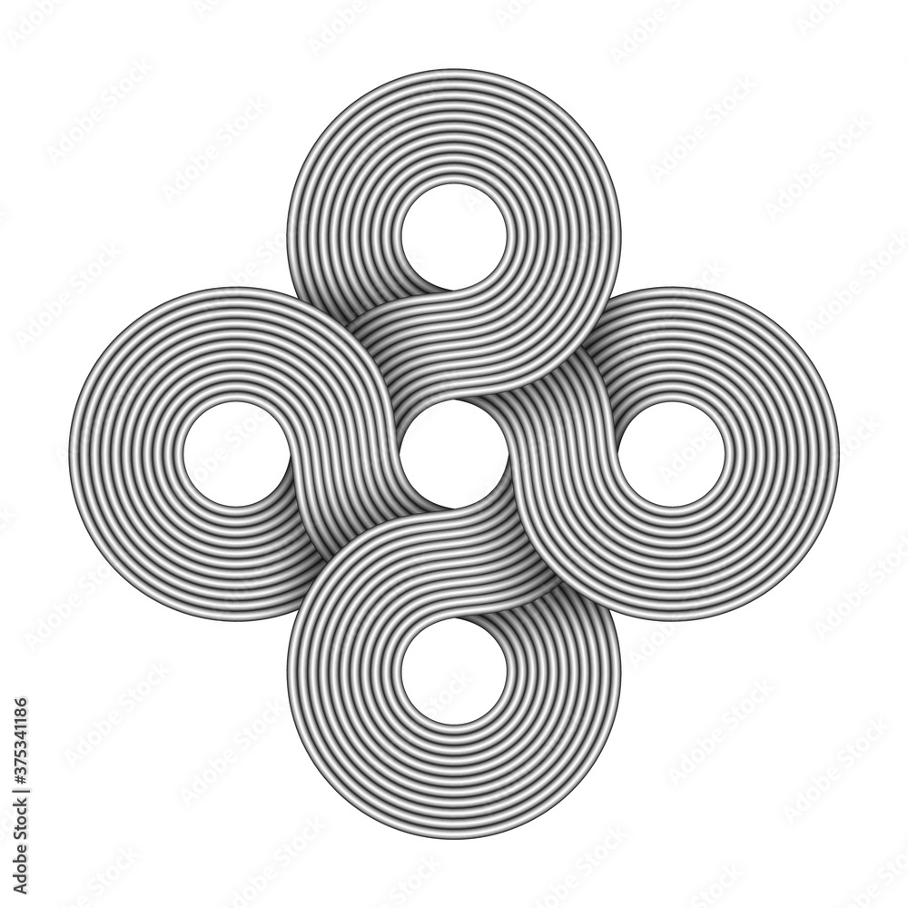 Cross sign made of four connected rings composed of interwoven metal ...