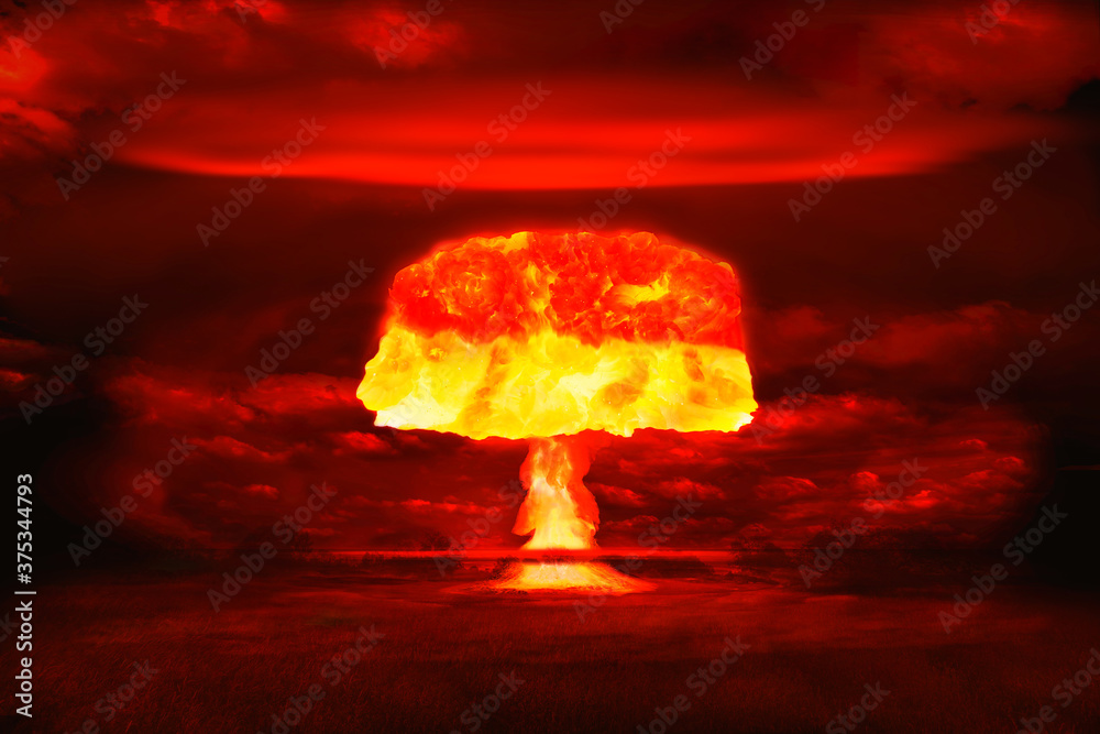 Atomic bomb realistic explosion, extremely bright red color with smoke ...