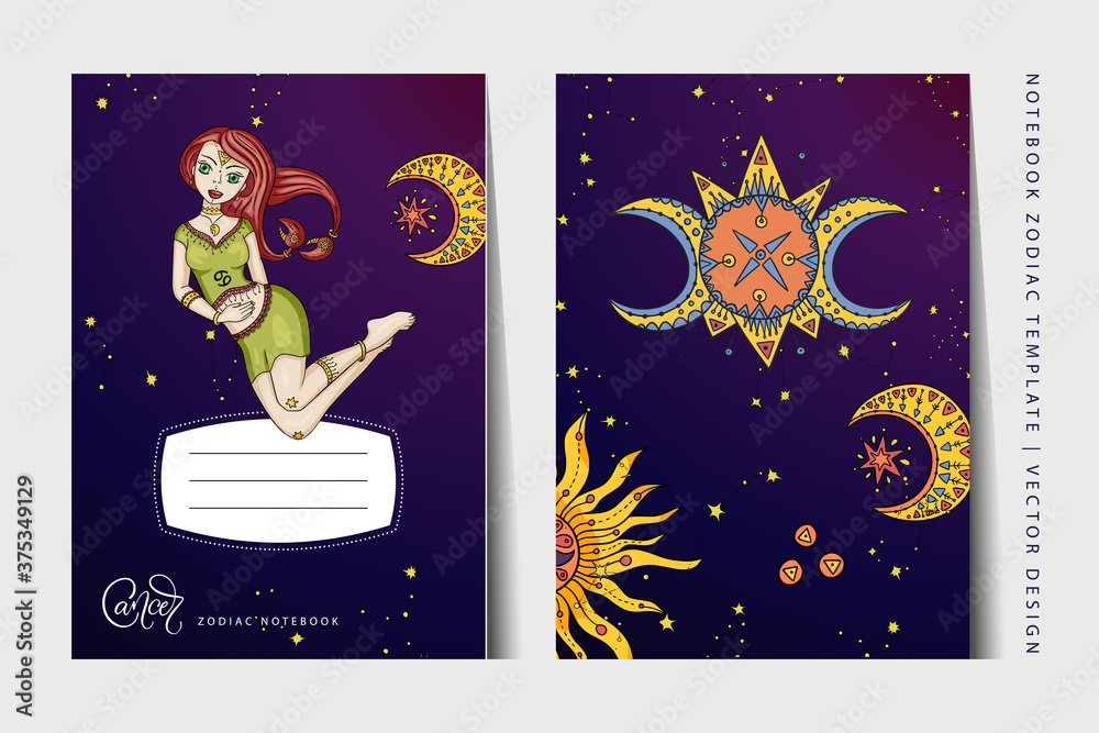 Zodiac Cancer girl notebook vector template. Book layout for a3, a4, a5 ...