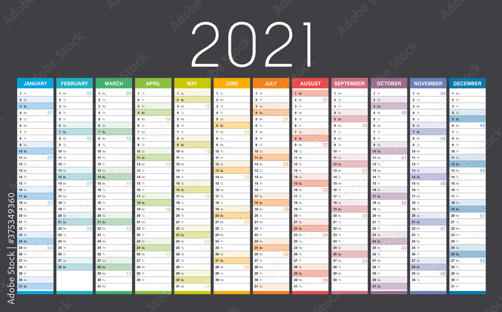 Year 2021 colorful wall calendar, with weeks numbers, on black ...