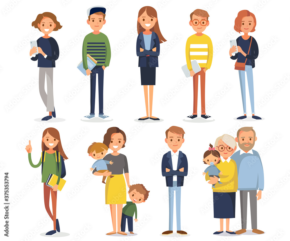 Big set group of diverse flat cartoon characters people couples, mom ...