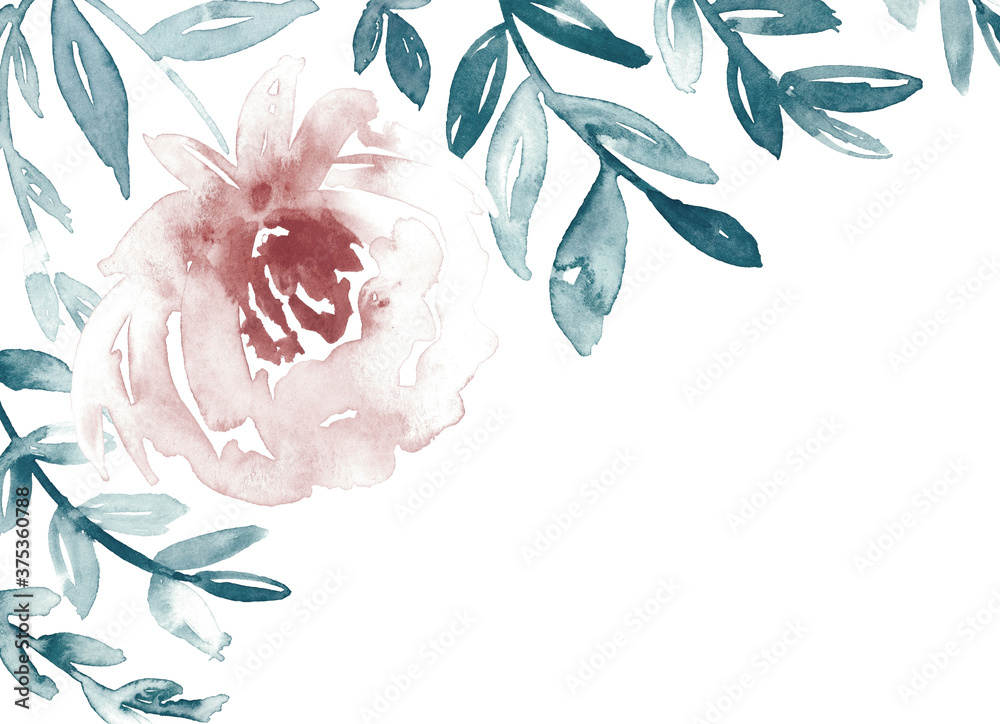 Watercolor floral card in muted teal and soft dusty red. Hand-painted ...