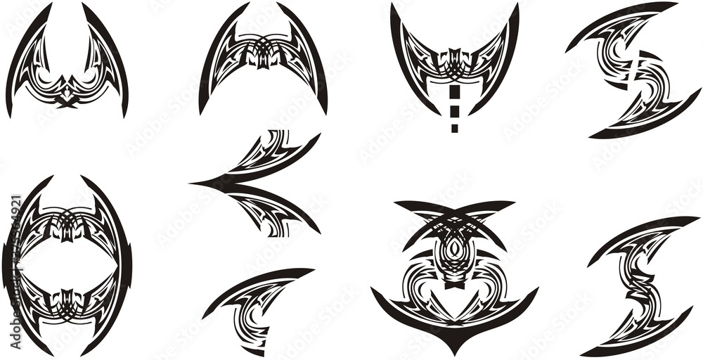 Arrows and fish fin symbols in black and white tones. A set of icons ...