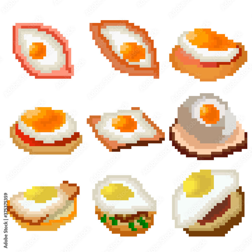 A set of nine food items made up of pixels. Fried eggs on bread with ...