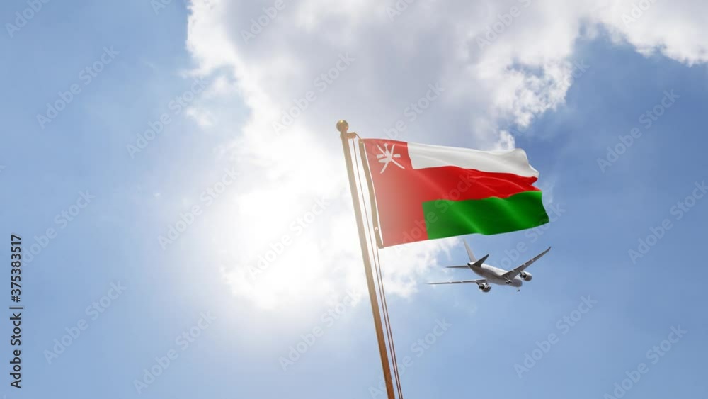 Flag of Oman Waving with Airplane arriving or departing, Realistic ...
