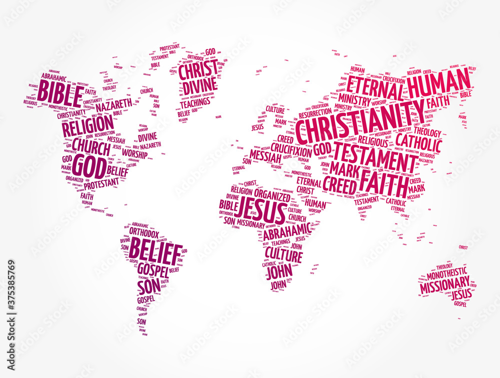 Christianity word cloud in shape of world map, religion concept ...