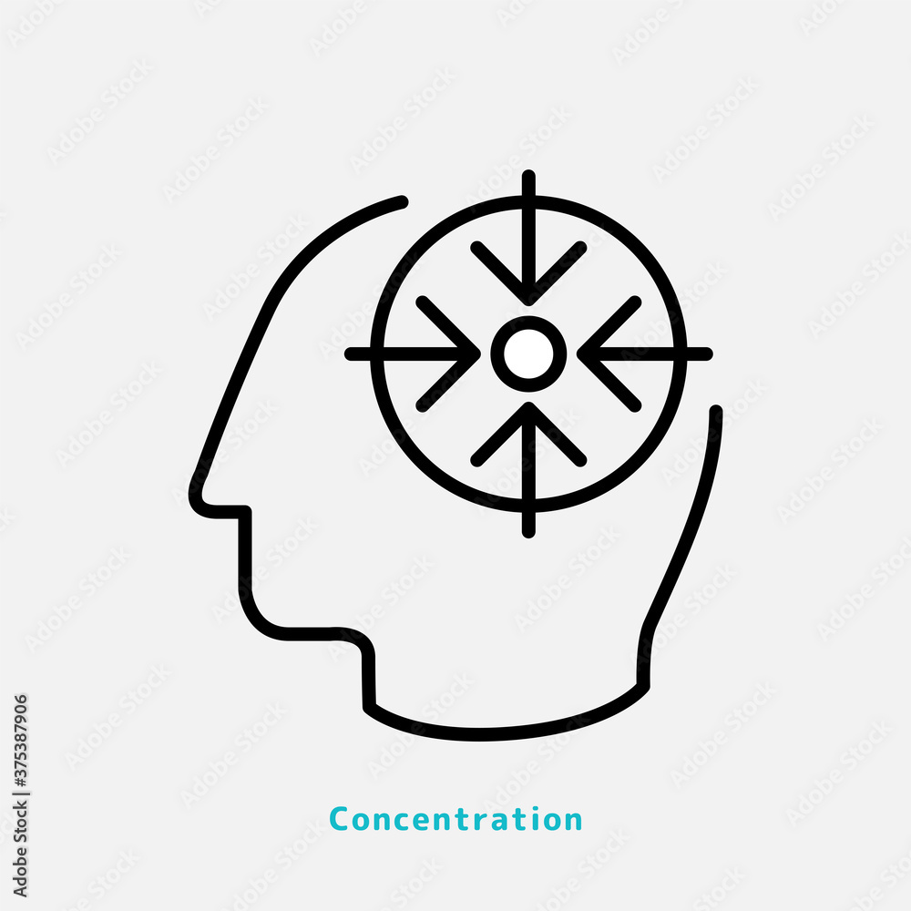 Concentration, focus in head line icon, outline vector sign, linear ...