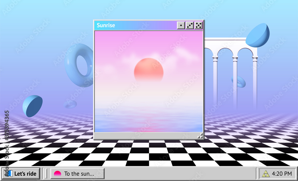 Vaporwave abstract background with OS window with sunrise and interface ...