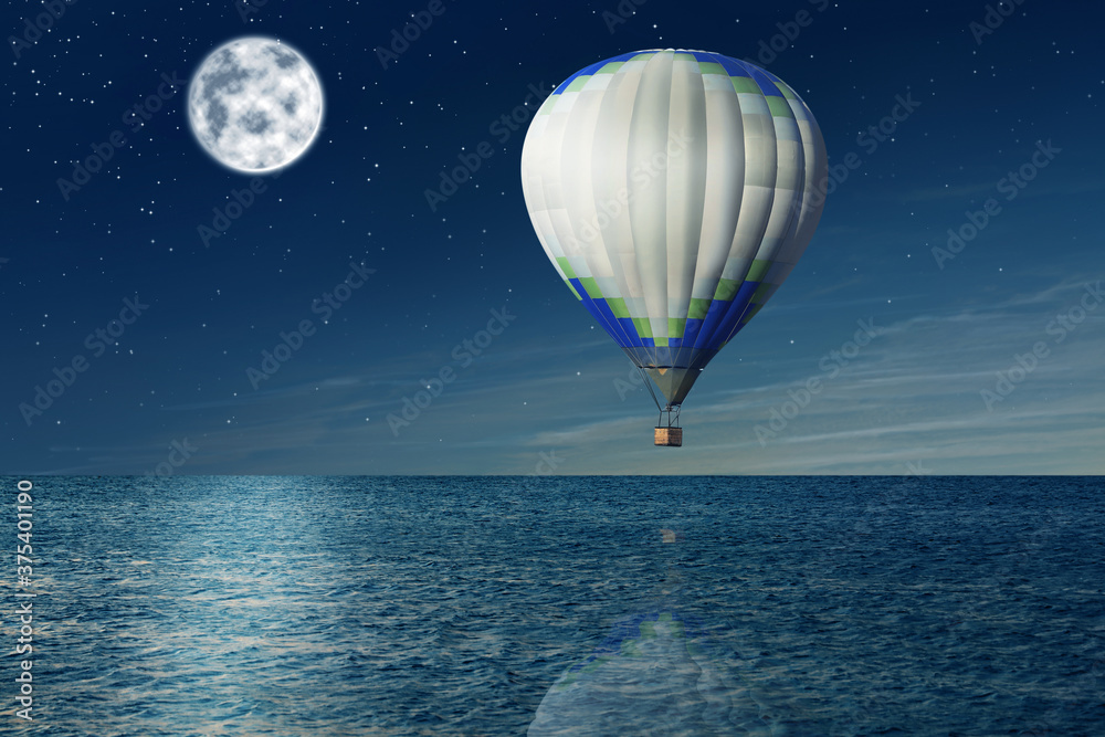 Dream world. Hot air balloon in night sky with full moon over sea Stock ...