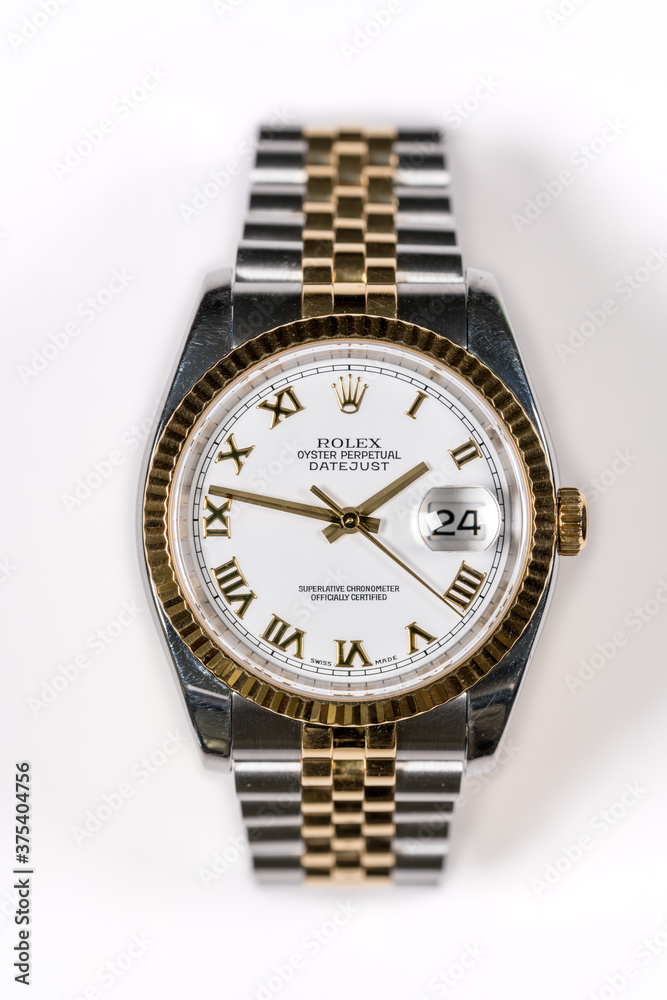 Rolex Oyster Datejust mens watch against white background Stock Photo ...