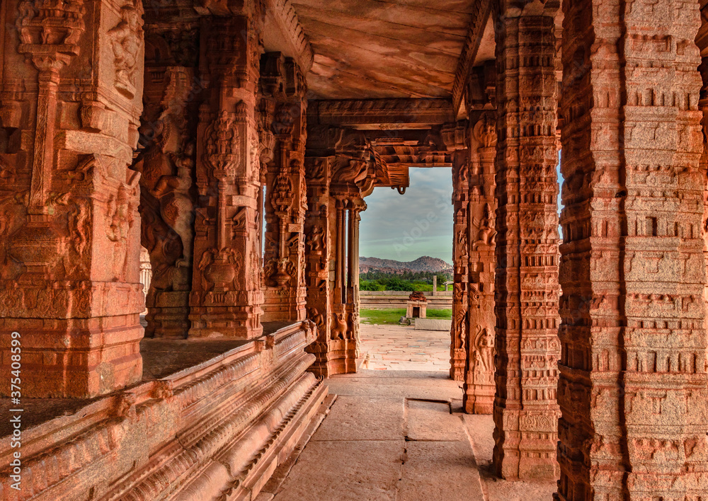 vithala temple hampi ruins interior antique stone art from unique angle ...
