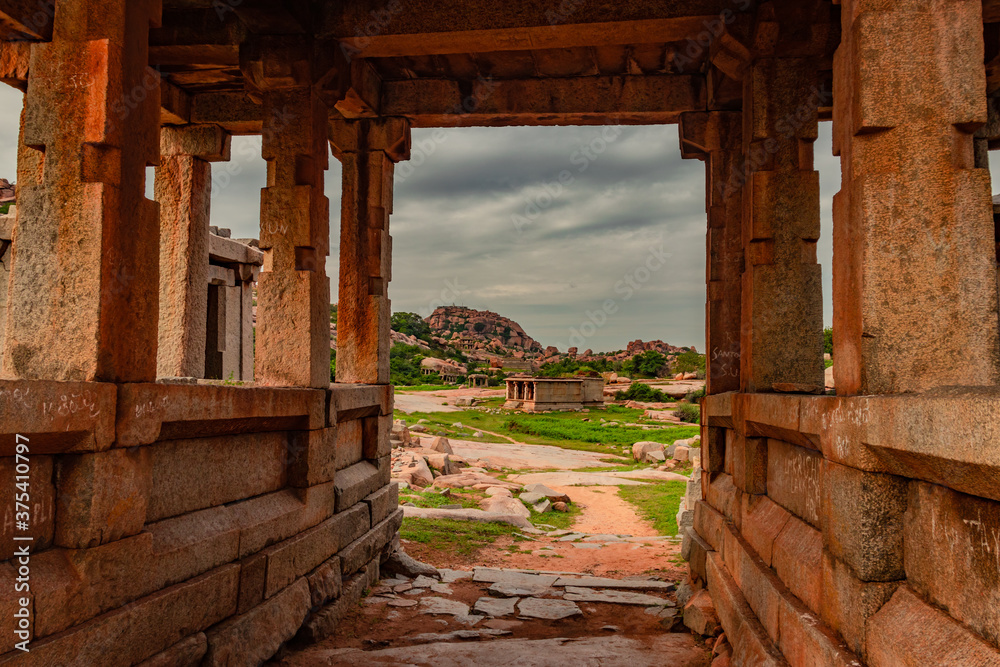 hampi ruins antique stone art from unique angle with amazing sky Stock ...