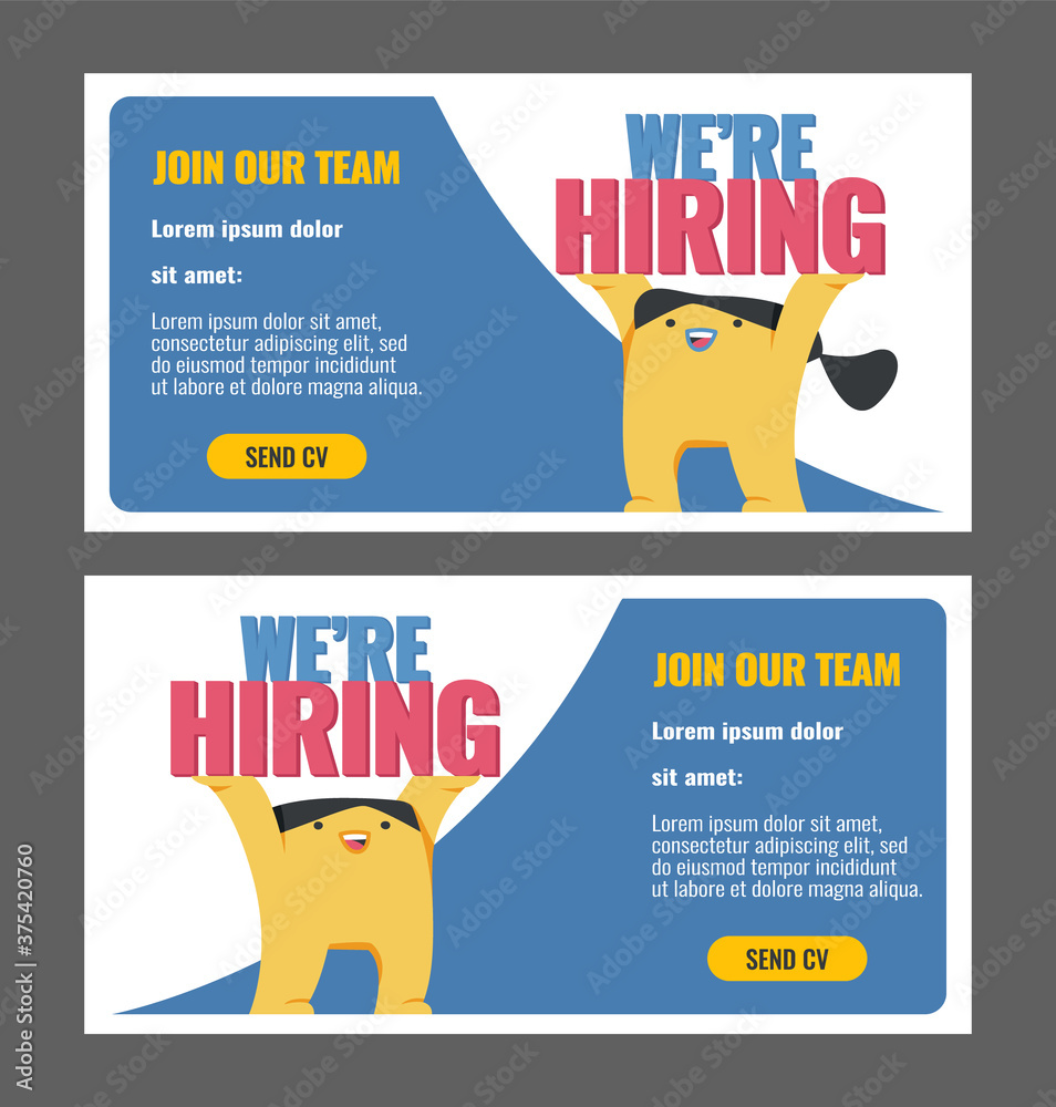 We are hiring! web banners set. Friendly funny illustration with cute ...